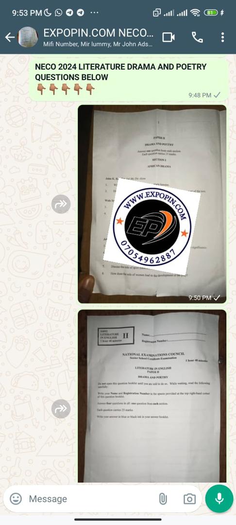 NECO 2024 LITERATURE DRAMA AND POETRY SOLUTIONS - Expo Pin NECO 2024 LITERATURE DRAMA AND POETRY SOLUTIONS - Expo Pin