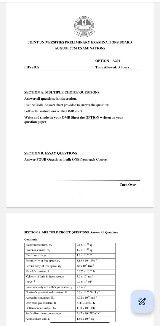 JUPEB 2024 PHYSICS QUESTIONS - Expo Pin