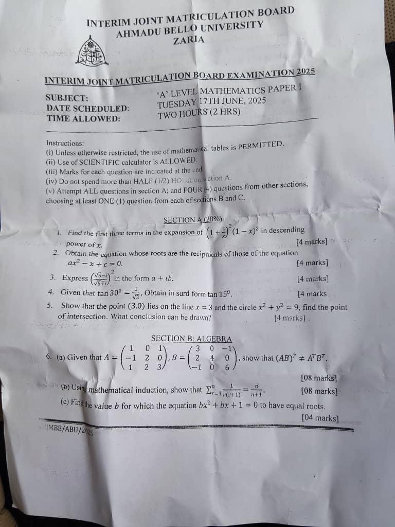 IJMB 2025 A LEVEL MATHEMATICS PAPER 1 - Expo Pin